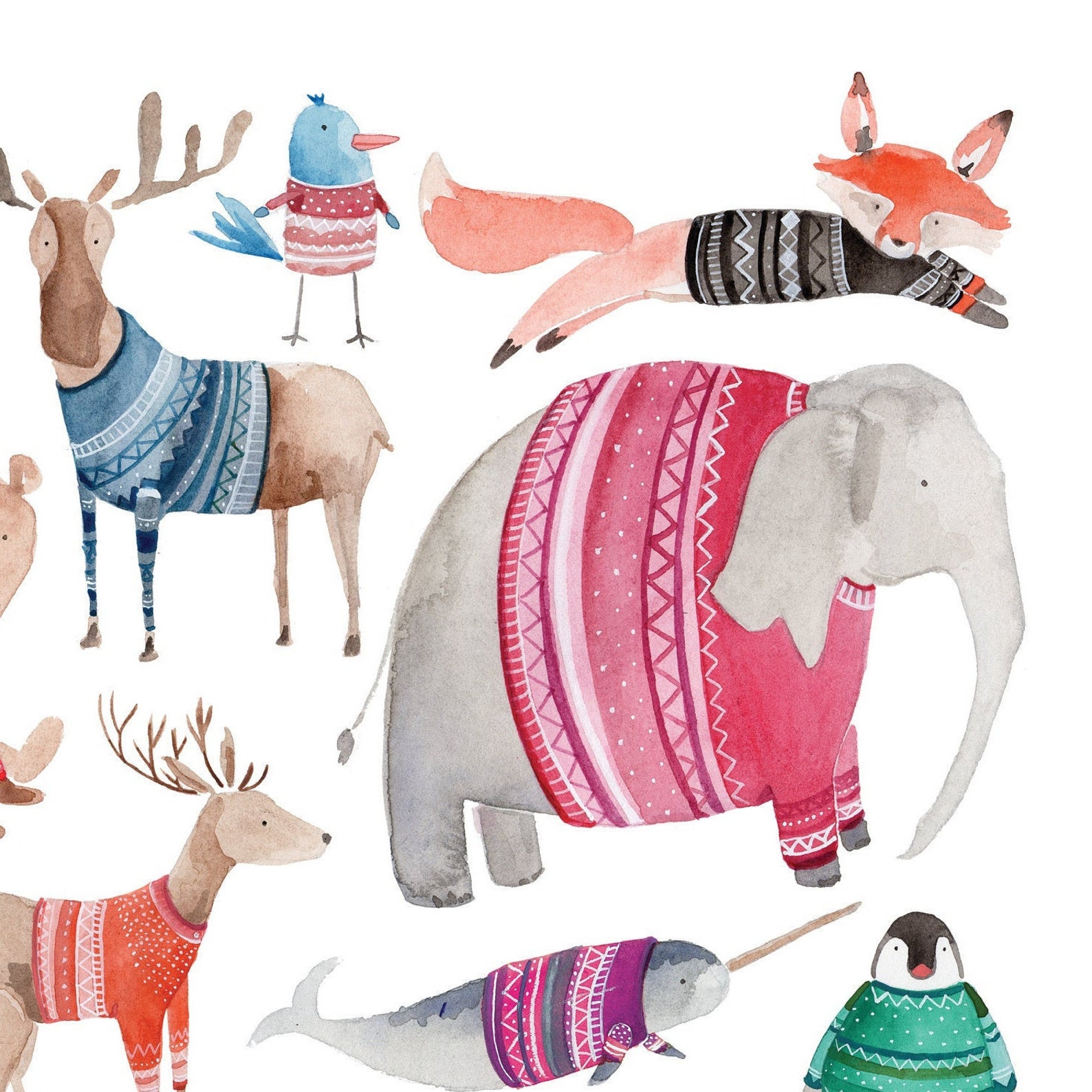 Watercolor Cozy Animals Art Print Christmas Wall Art - Etsy