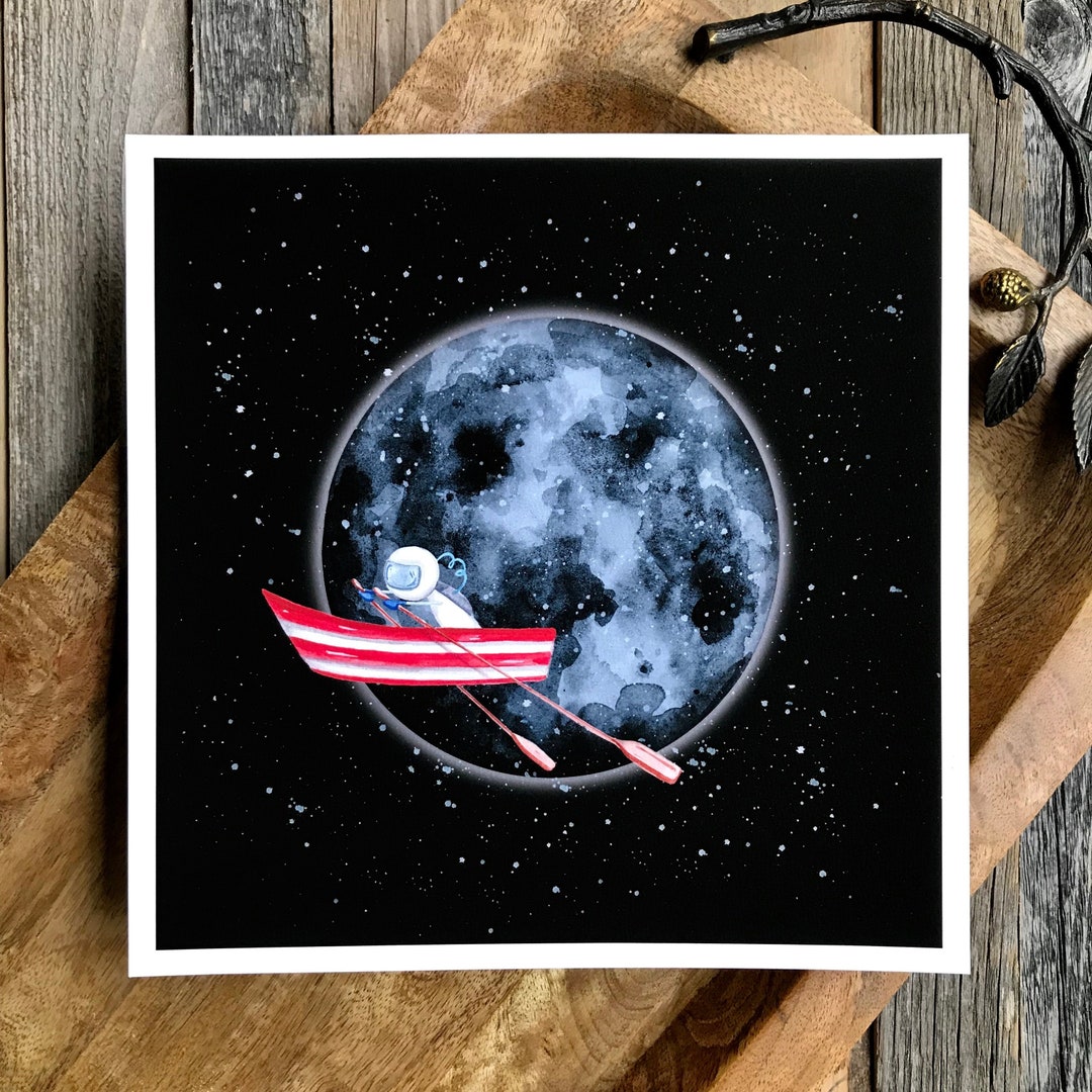 Watercolor Moon Astronaut Art Print | Nursery Wall Art | Sail to the ...