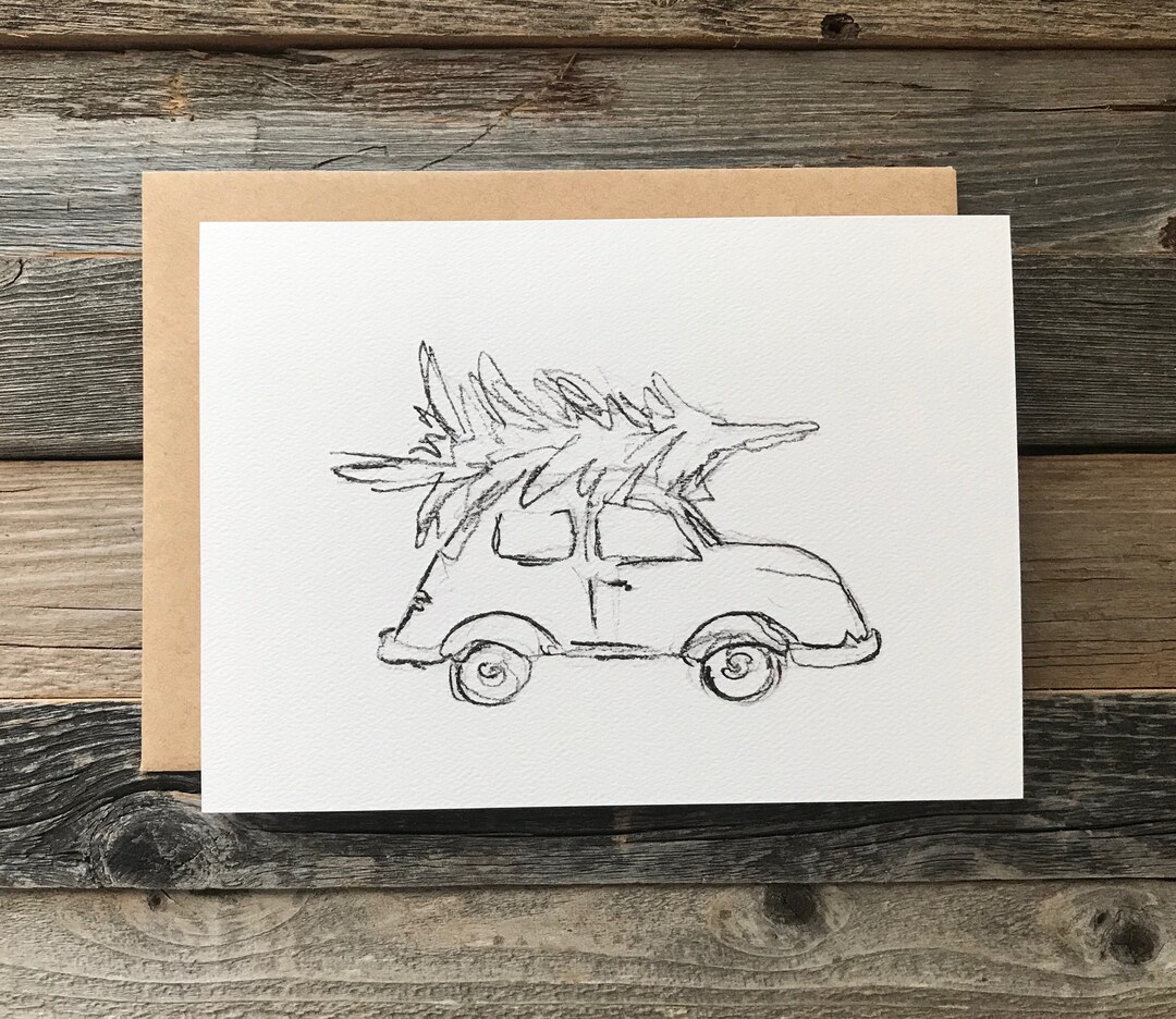Vintage Car Christmas Card | Sketched Christmas Tree Vintage Car ...