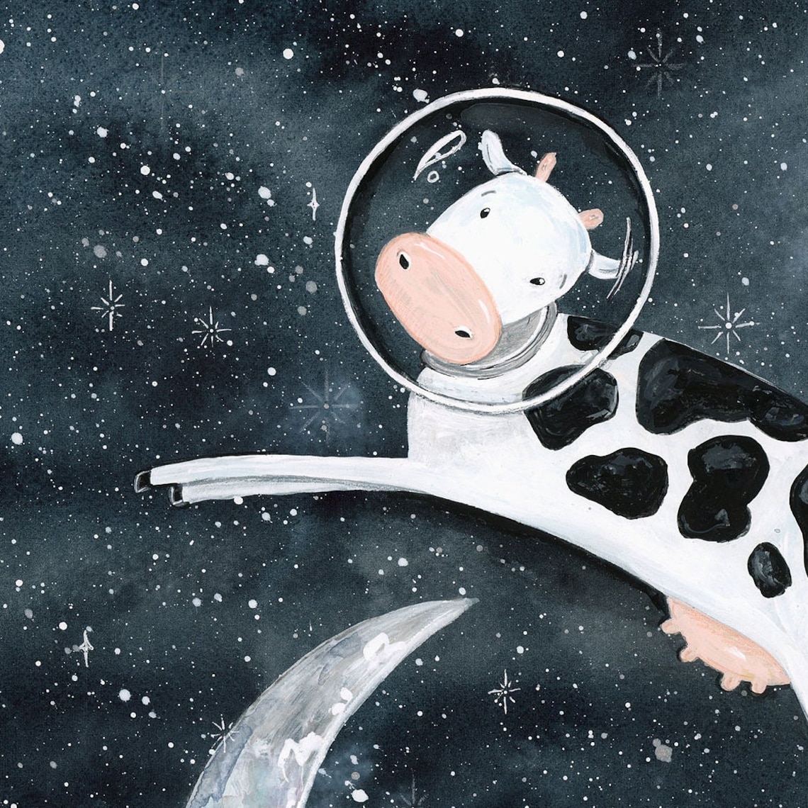 Cow Astronaut in Space Art Print Cow Jumps Over the Moon | Etsy