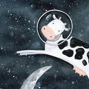 Cow Astronaut in Space Art Print | Cow Jumps Over the Moon Nursery Art ...