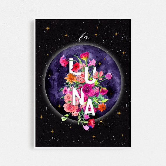 Floral Watercolor La Luna Art Print Moon Celestial | Etsy