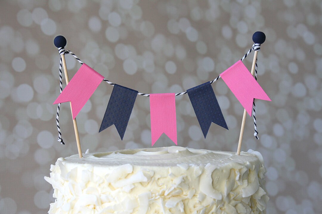 Preppy Nautical Navy Blue & Hot Pink Birthday Cake Bunting Pennant Flag ...