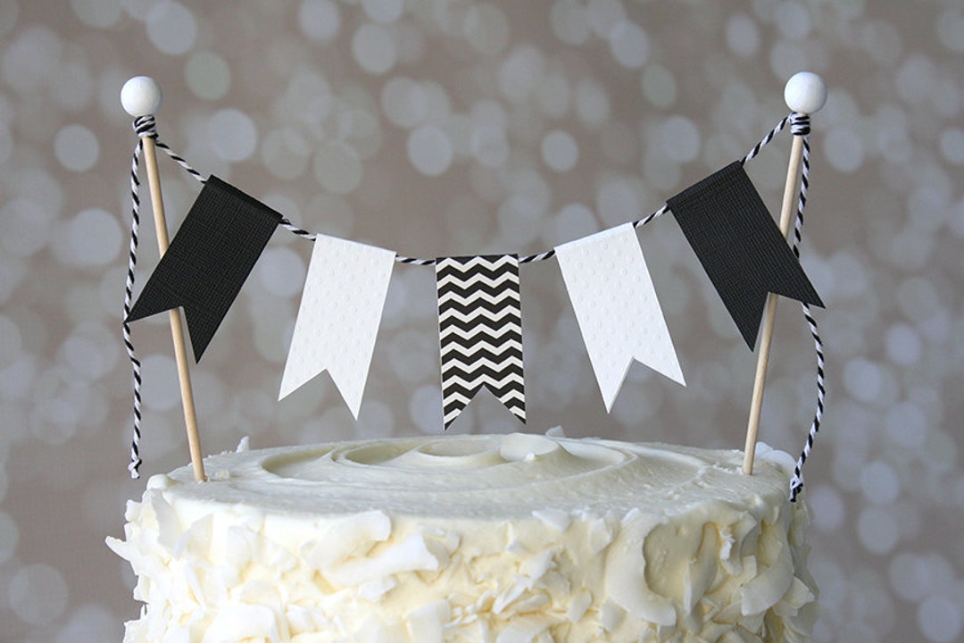 Black and White Chevron Birthday Cake Bunting Pennant Flag Cake Topper ...