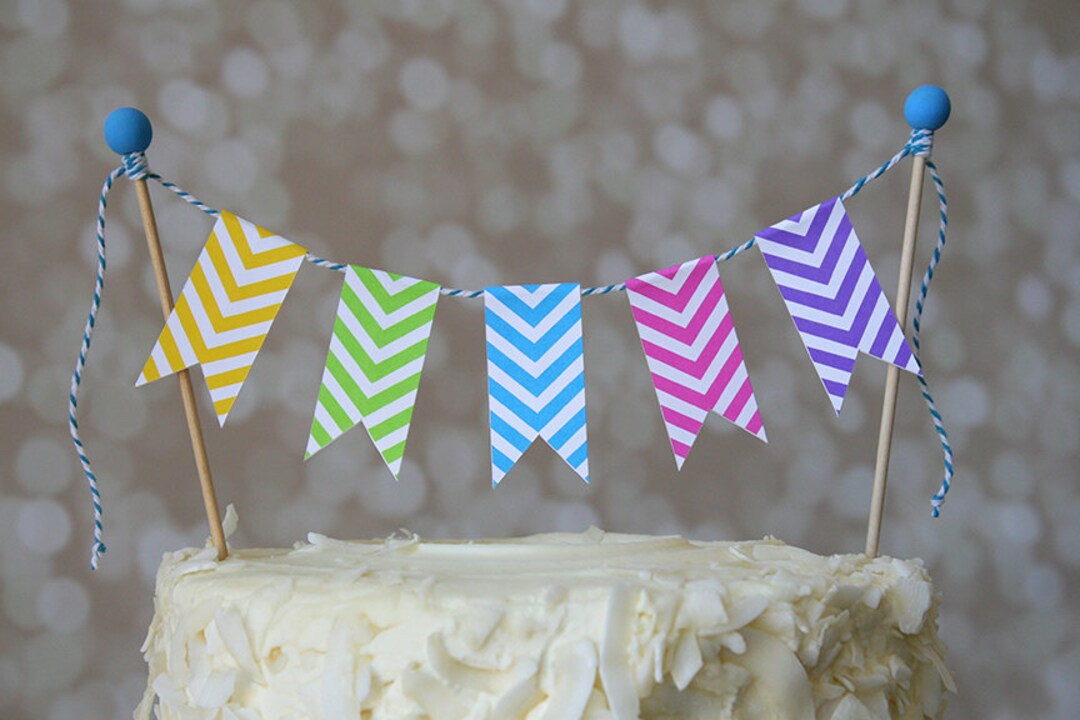 Neon Chevron Rainbow Birthday Cake Bunting Pennant Flag Cake Topper ...