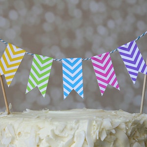 Neon Chevron Rainbow Birthday Cake Bunting Pennant Flag Cake Topper ...
