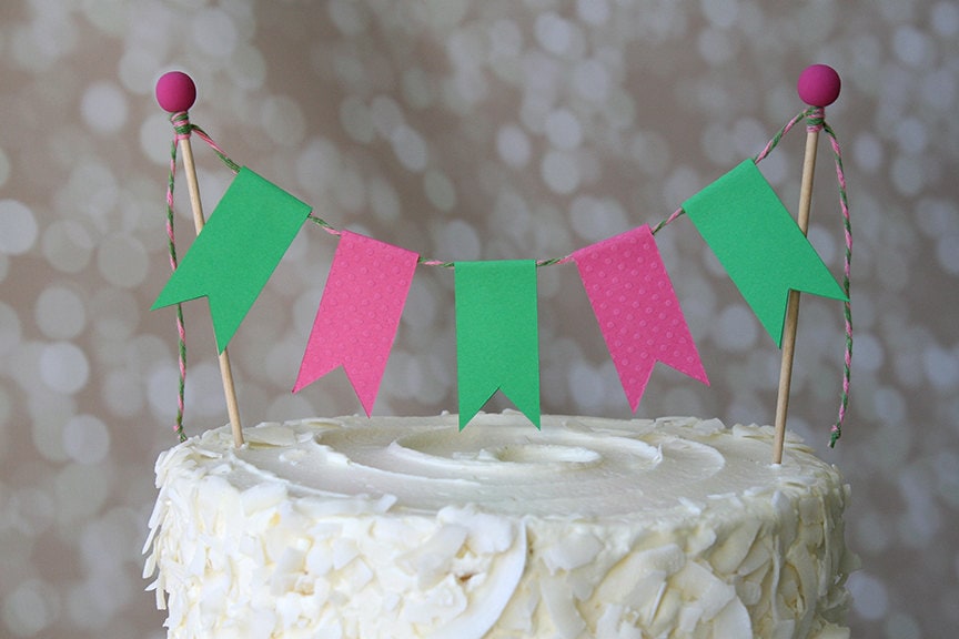 Preppy Hot Pink & Green Birthday Cake Bunting Pennant Flag Cake Topper ...