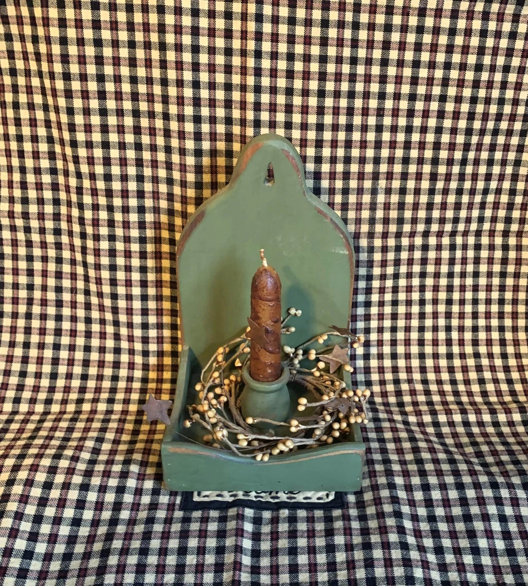 Sold Wood Green Primitive Candle Shelf With Grubby Candle Folk Candle ...