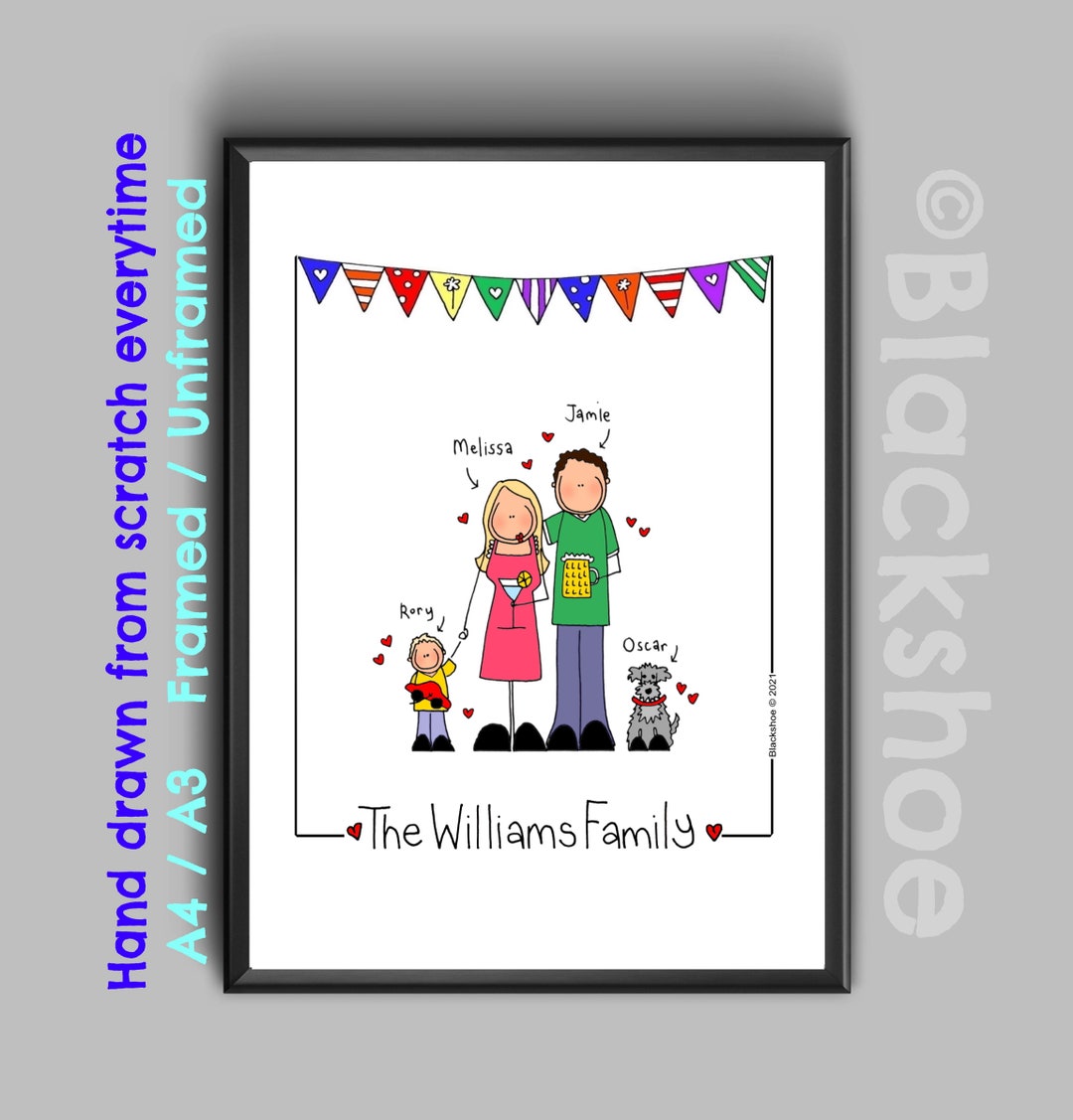 Framed Personalised Family Portrait, Pets, Family Gift, Custom Family ...