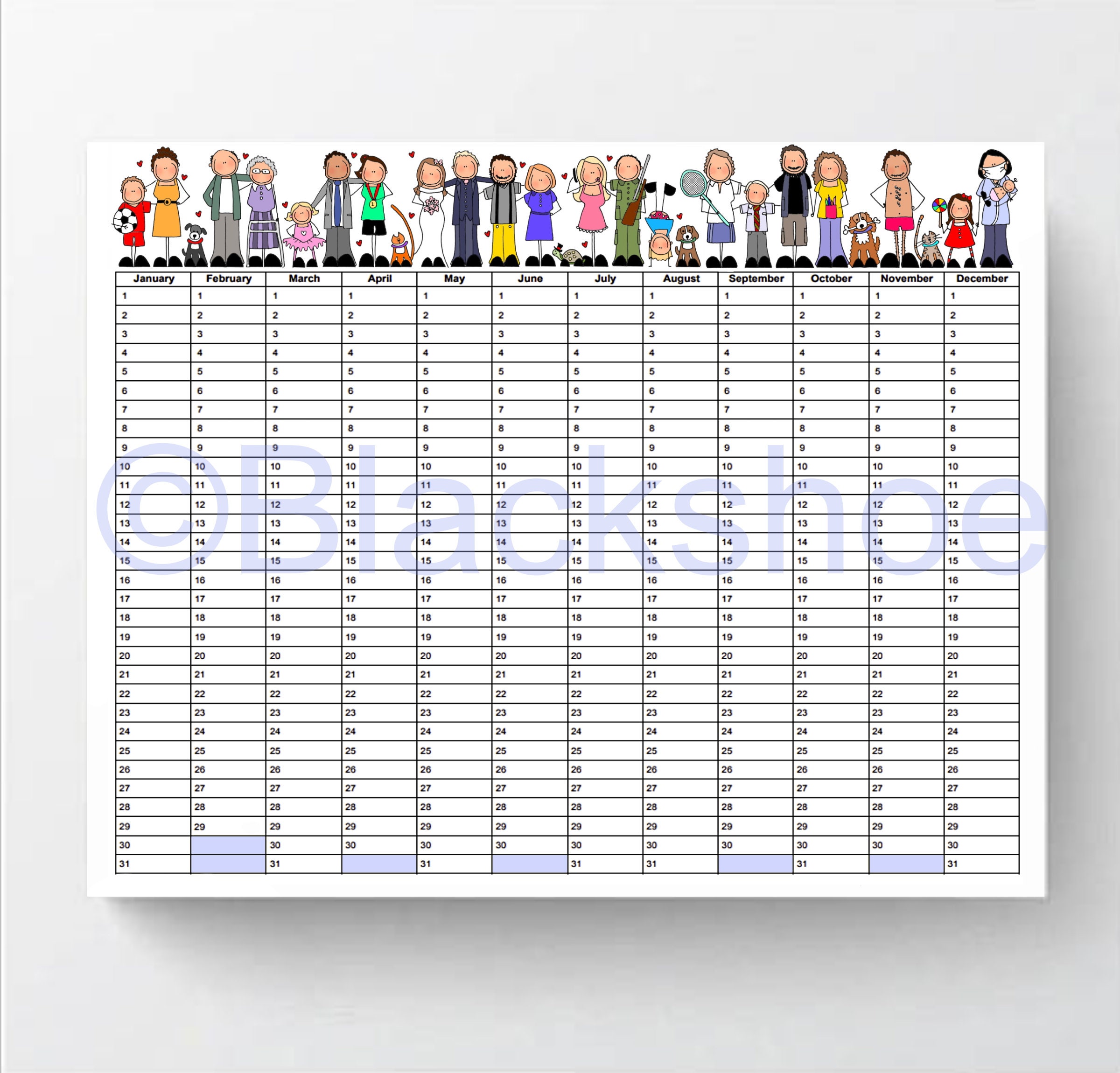 A3 Birthday Calendar, 12 Month Illustrated Calendar, Calendar, Birthday ...