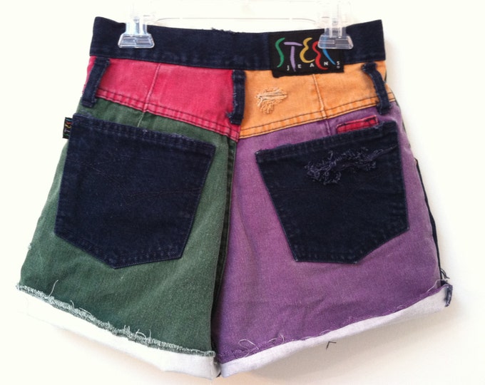 90s Color Block Jean Shorts, Custom Distressed, High Waist, Hip Hop ...