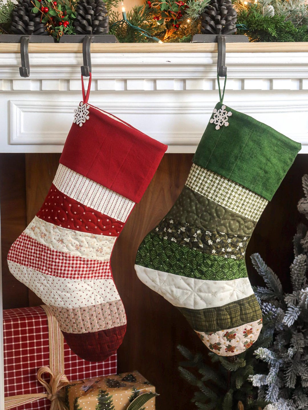 Quilted Christmas Stocking Set, Patchwork Design, Embroidery Option ...