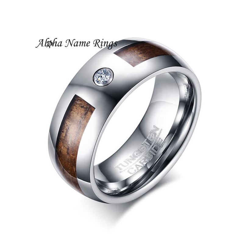 Tungsten Carbide Ring With Wood Inlay & Single CZ Gemstone - Etsy
