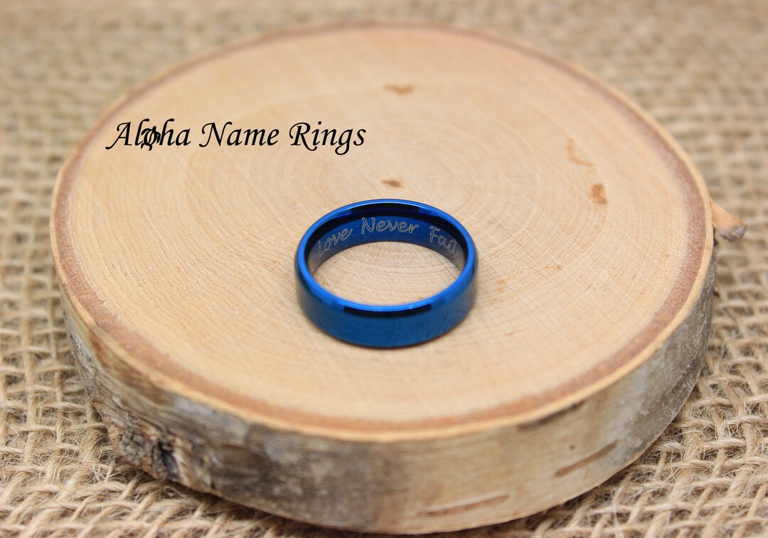 Personalized Blue Stainless Steel Beveled Edge Flat Band Ring. Optional ...