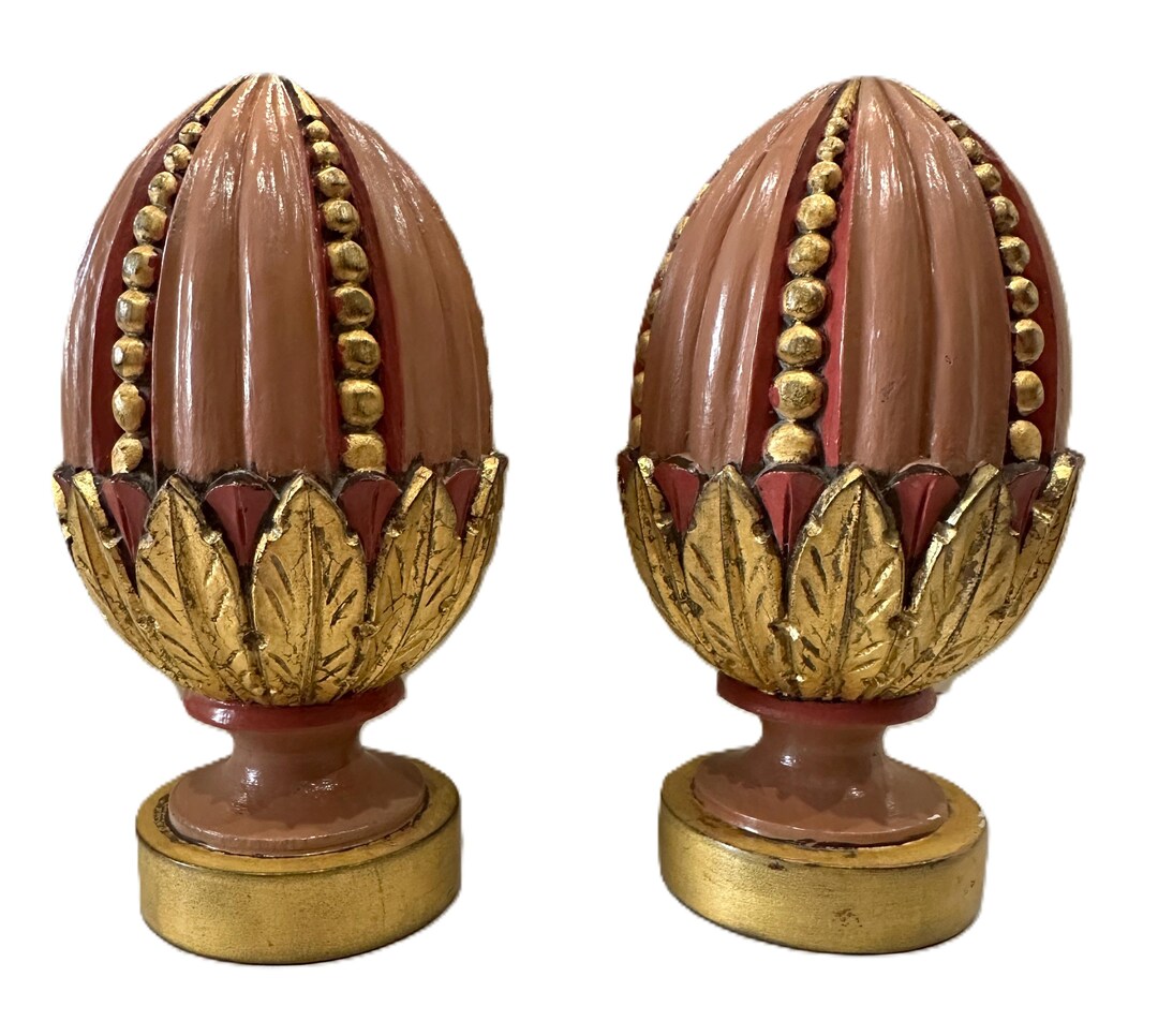 Pair of Hand Painted, Egg Shape, Wooden Finials (for 2" Diameter Rods ...
