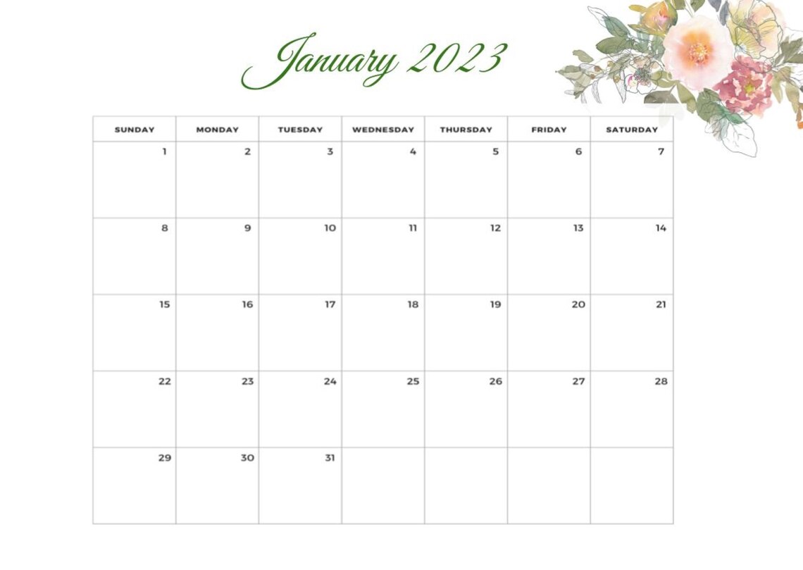 Botanical Sketch/water Colour Print 2023 Calendar 2023. A4 Printable ...