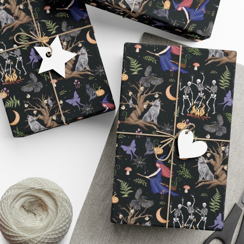 Woodland Witch Wrapping Paper - Dancing Skeletons Cute Spooky Dark ...