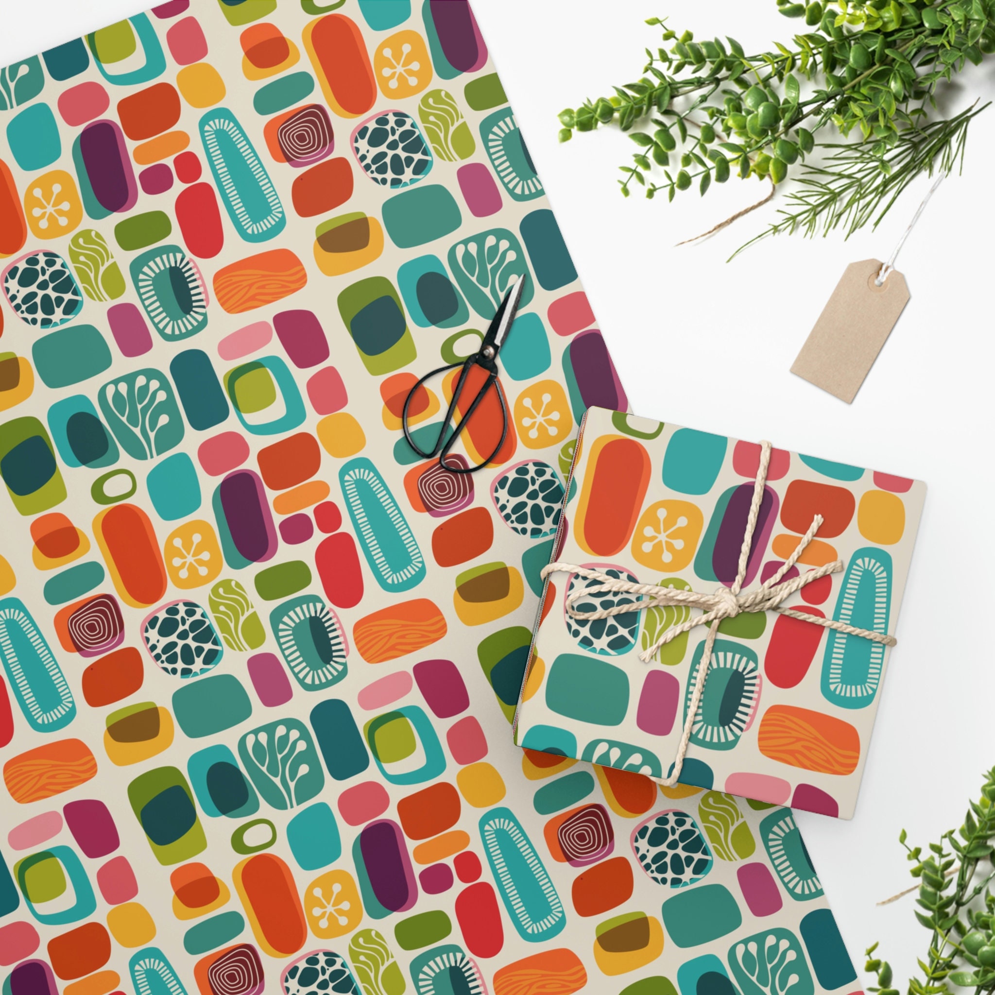 Retro Wrapping Paper Mid Century Modern Gift Wrap Colorful Shapes ...