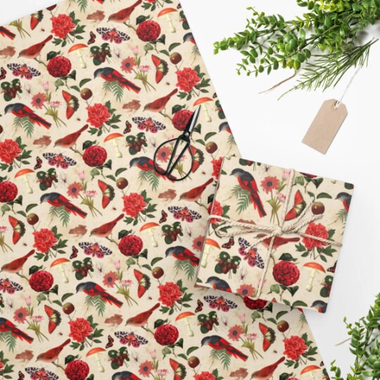 Vintage Red Bird Wrapping Paper Floral Butterfly Moth - Etsy
