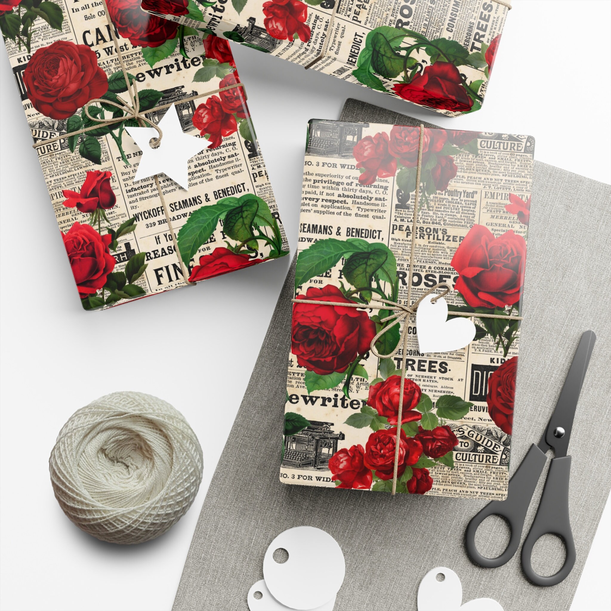 Red Rose Valentines Wrapping Paper - Vintage Newspaper Love Gift Wrap ...
