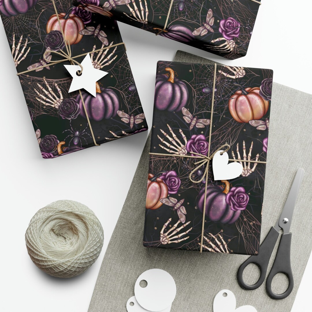 Halloween Wrapping Paper Roll - Skeleton Dark Spooky Pumpkin Gift Wrap ...