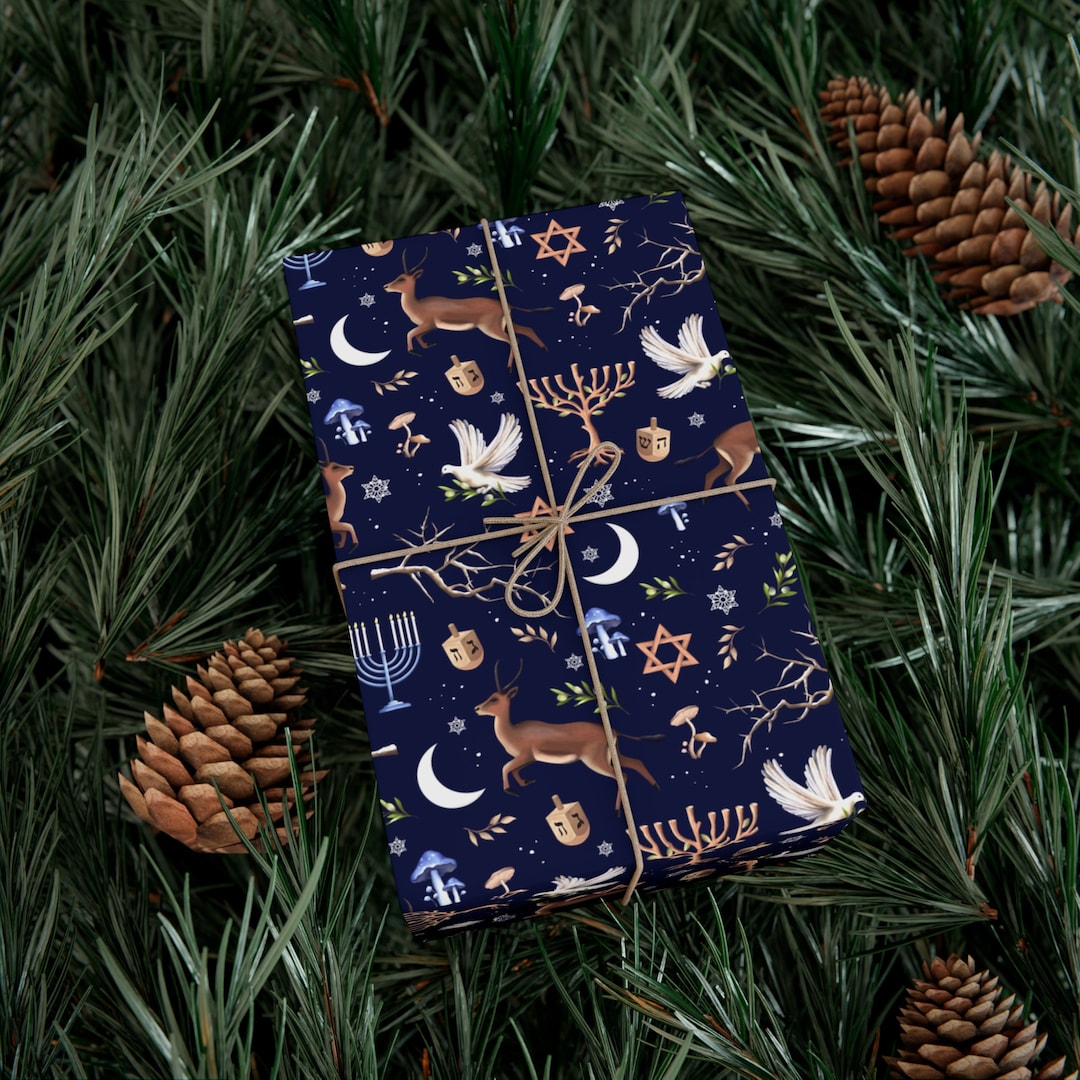 Woodland Hanukkah Wrapping Paper - Hanukkah Card Gift Wrap Dark Blue ...