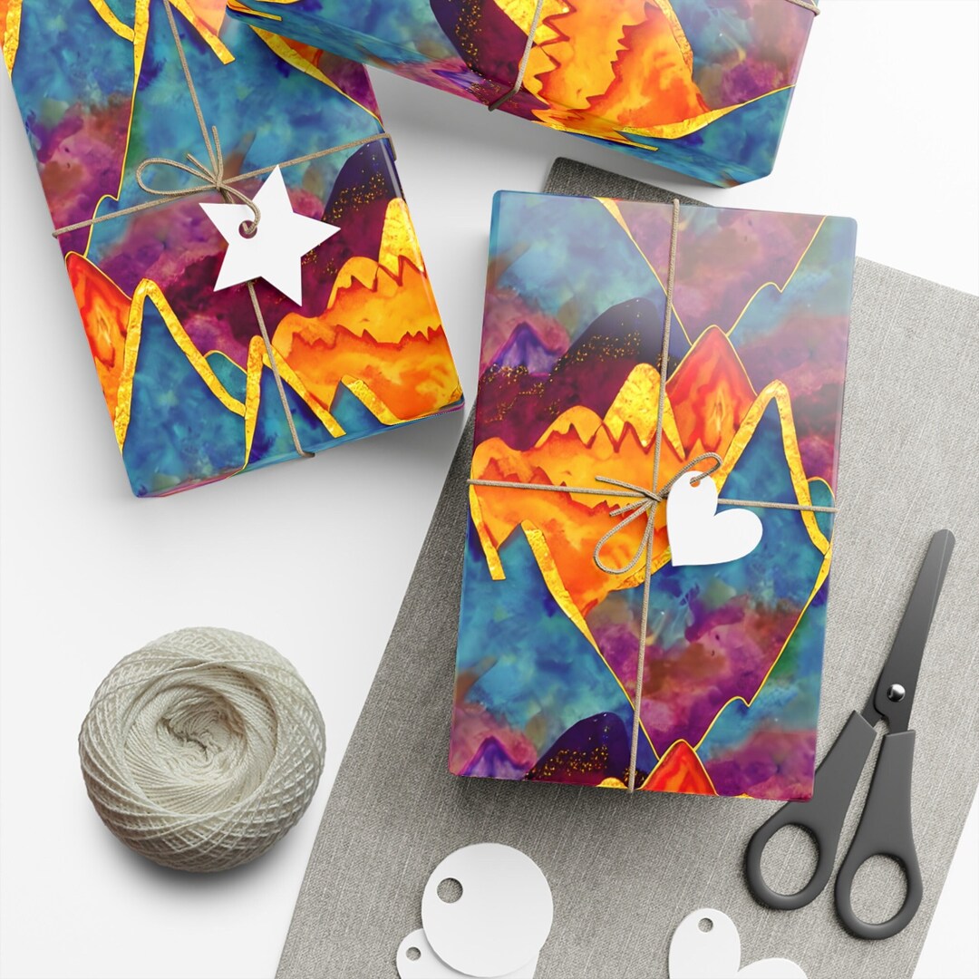 Boho Mountain Wrapping Paper - Fantasy Volcano Fire Colorful Mountain ...