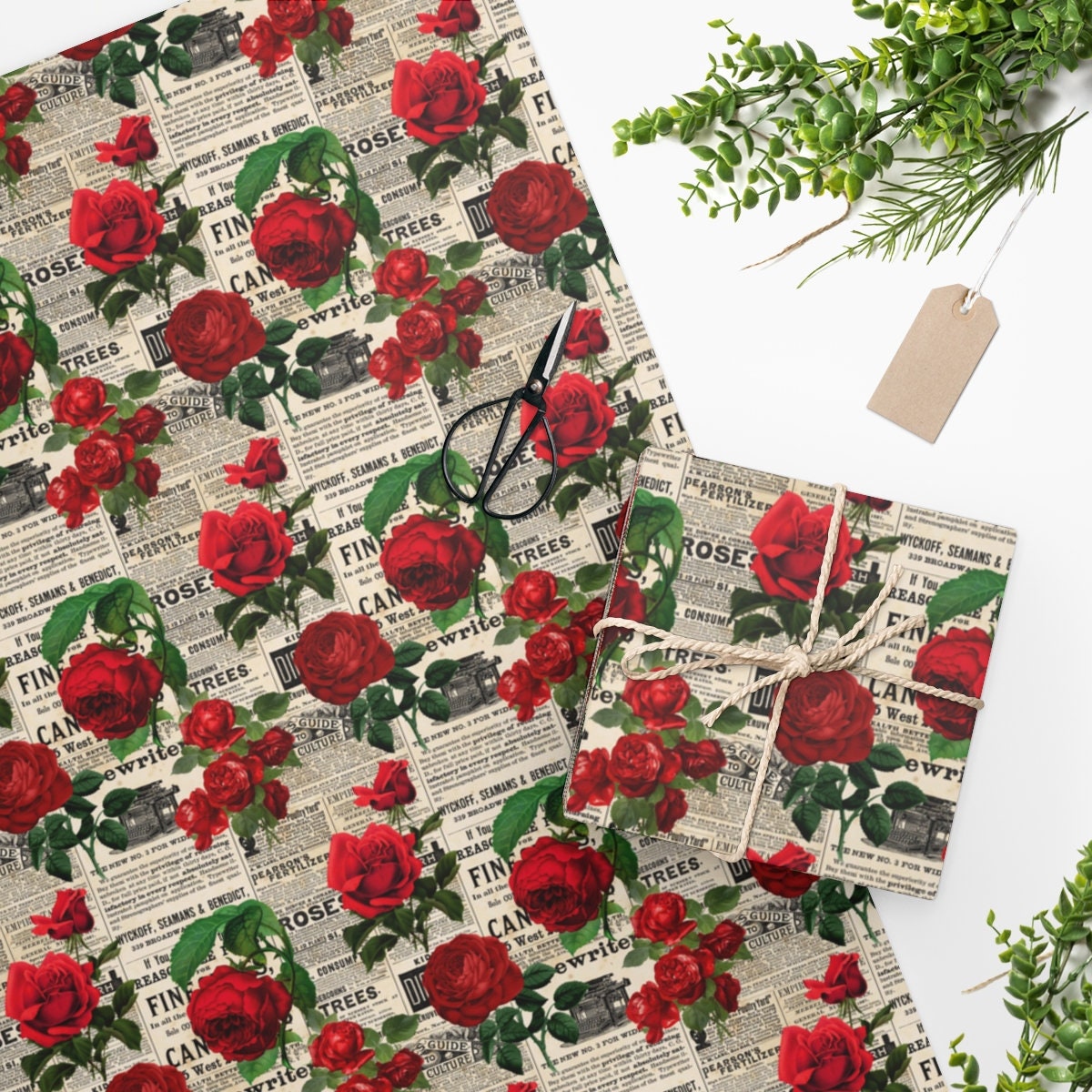 Red Rose Valentines Wrapping Paper - Vintage Newspaper Love Gift Wrap ...