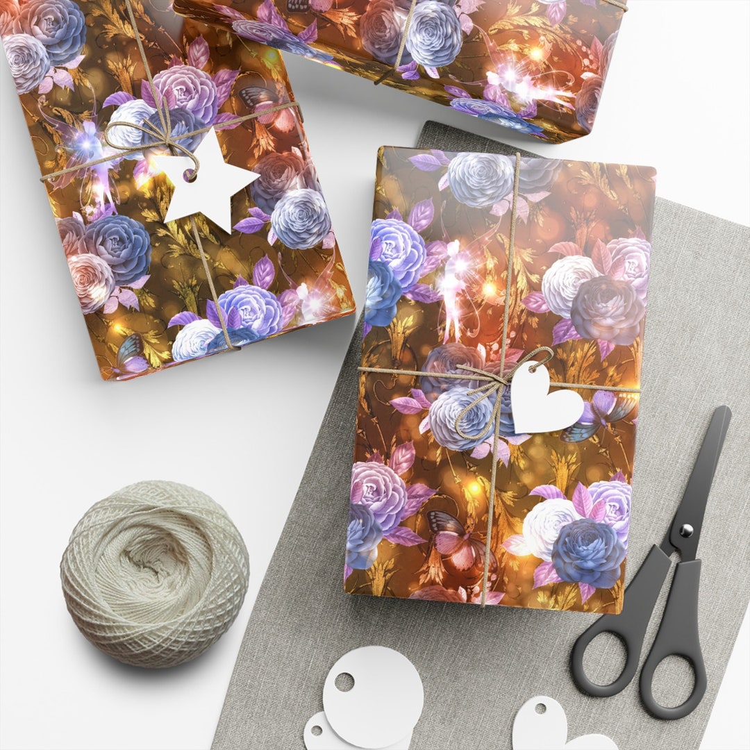 Magic Fairy Wrapping Paper - Fantasy Gold Floral Purple Flower Gift ...