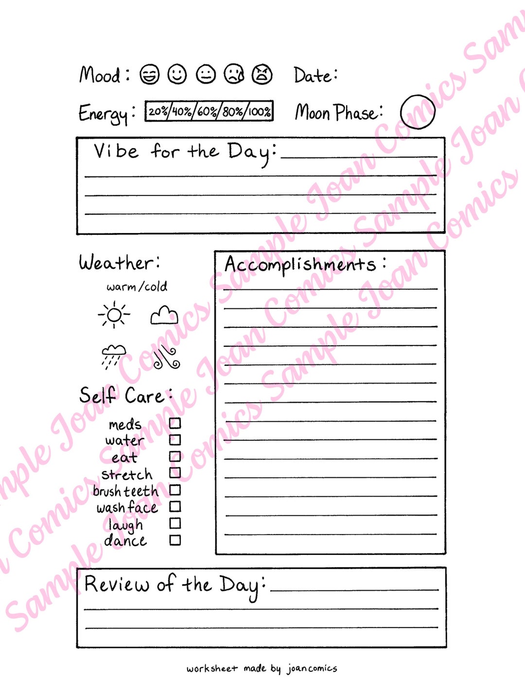 Vibe for the Day Daily Journaling Worksheet, Self Care Checklist and ...