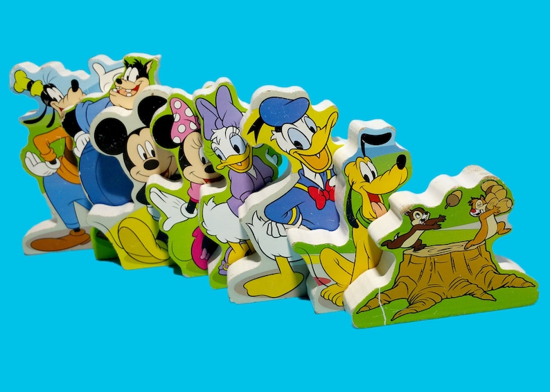 Vintage Disney Characters Wooden Block 8 Character Set 90s Mickey Mouse ...