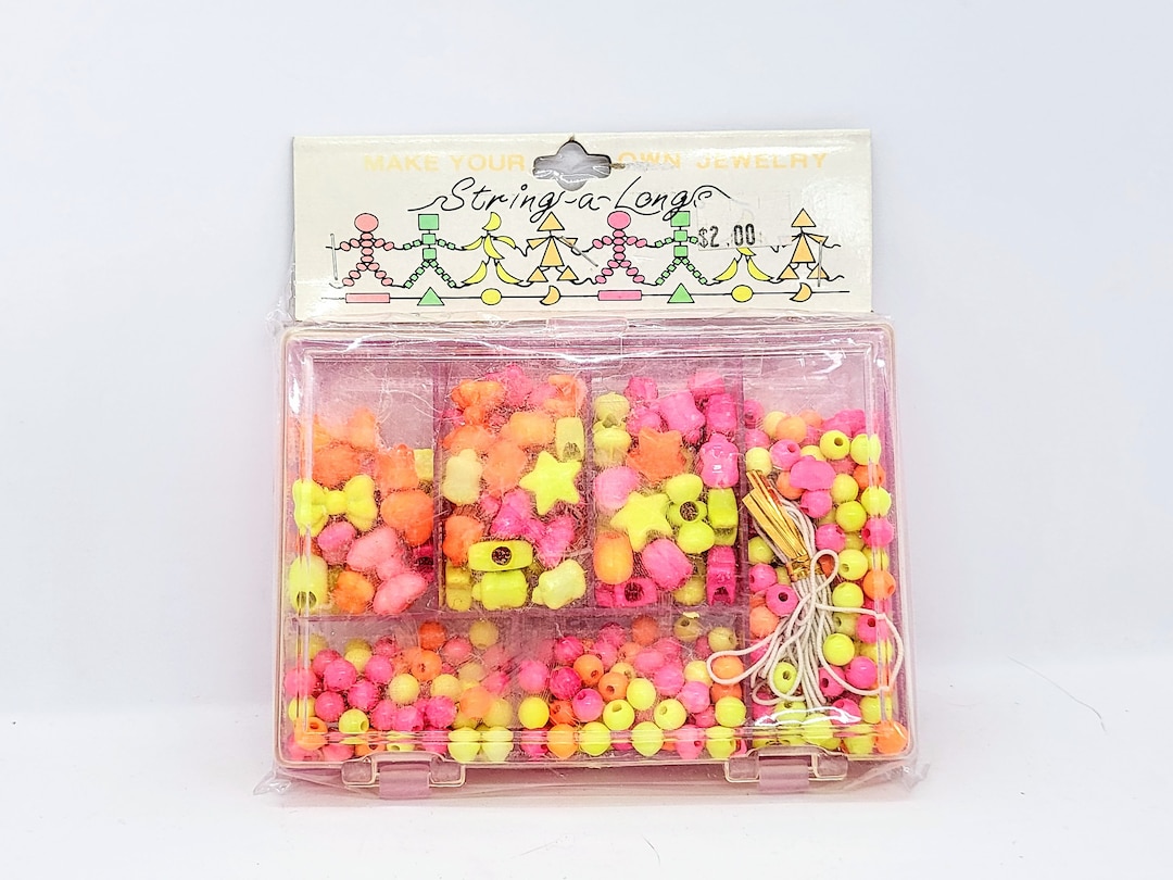 String-a-long Vintage Neon Bead Set in Plastic Trinket Box Make Your ...