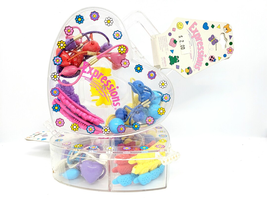 Vintage Hair Accessories Set in Plastic Heart Trinket Box Expressions ...