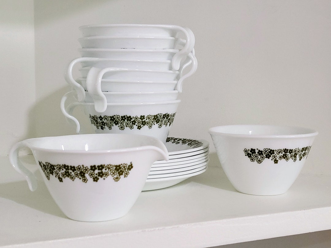 Vintage Spring Blossom Green Corelle Avocado Hook Handle Teacups With ...
