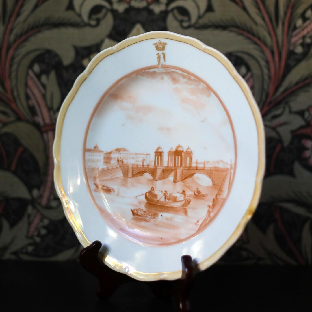 Antique Kornilov Brothers Porcelain Plate – View of Lomonosov Bridge ...
