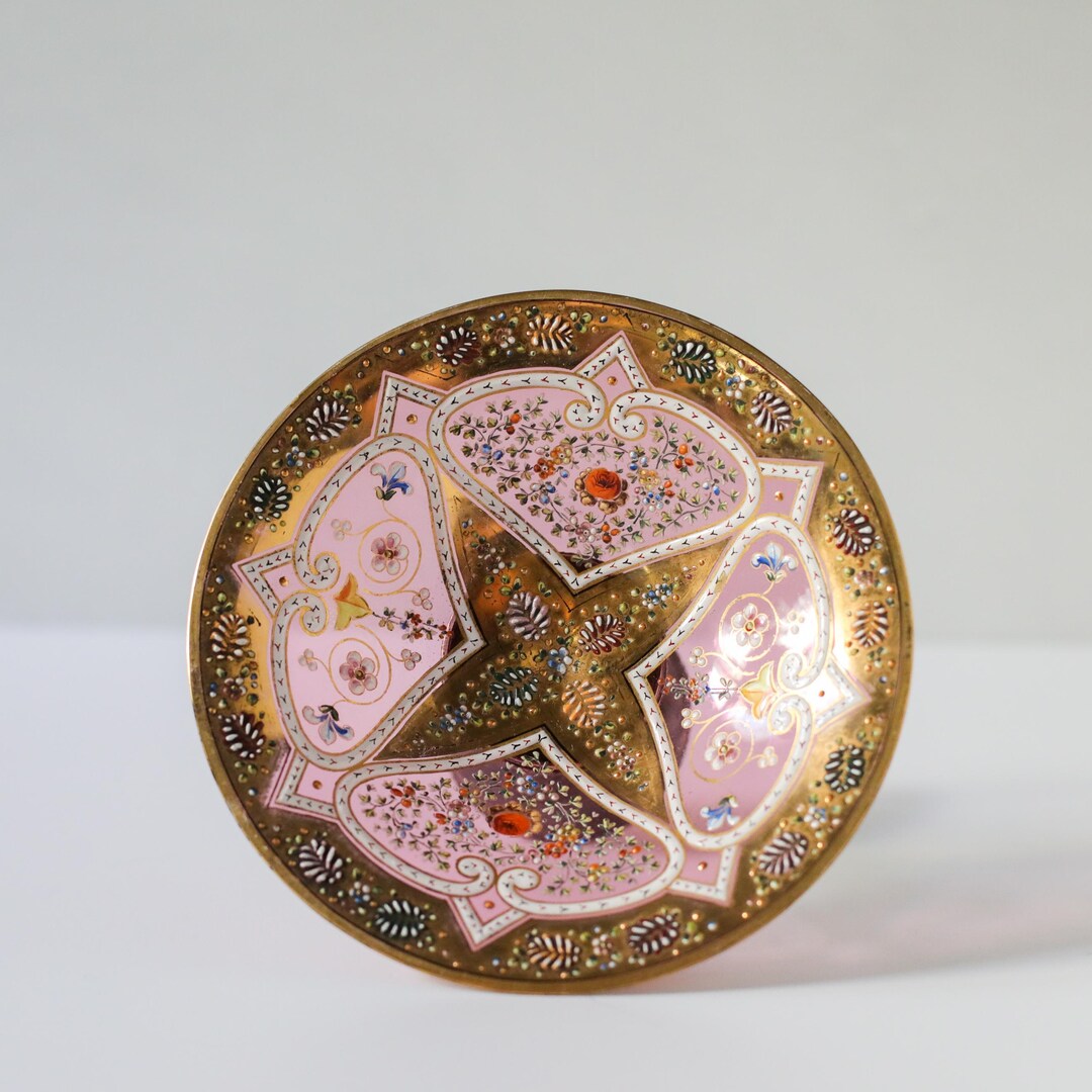 Antique Moser Pink Glass Compote: Gold Gilding, Hand-painted Florals C ...