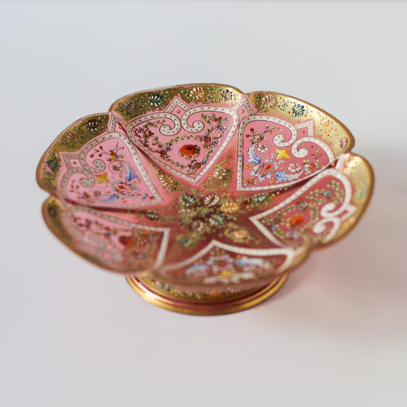 Antique Moser Clear Pink Glass Pedestal Dish, Hand-painted Gilded ...