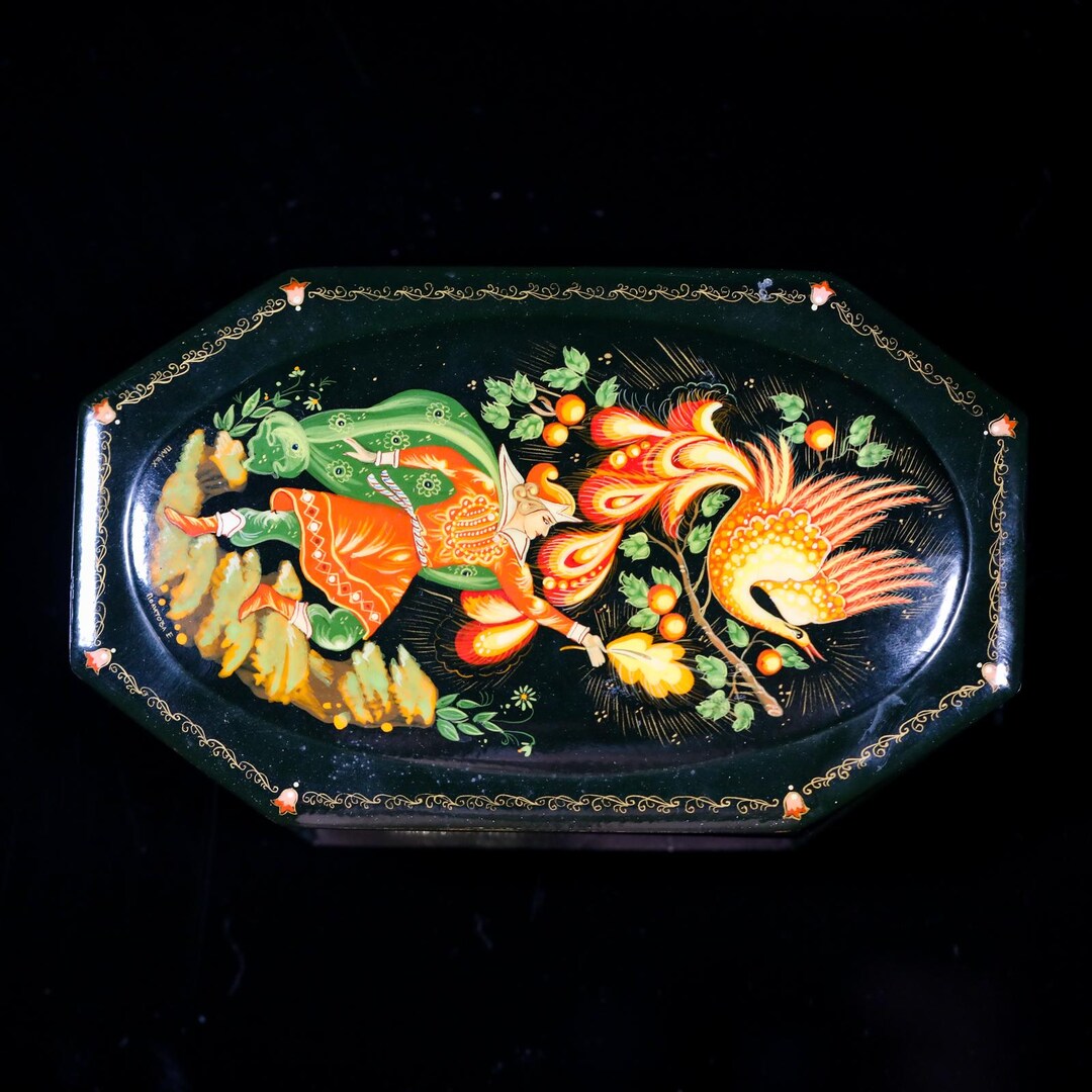 Large Vintage Russian Firebird Palekh Lacquered Wooden Trinket Box ...