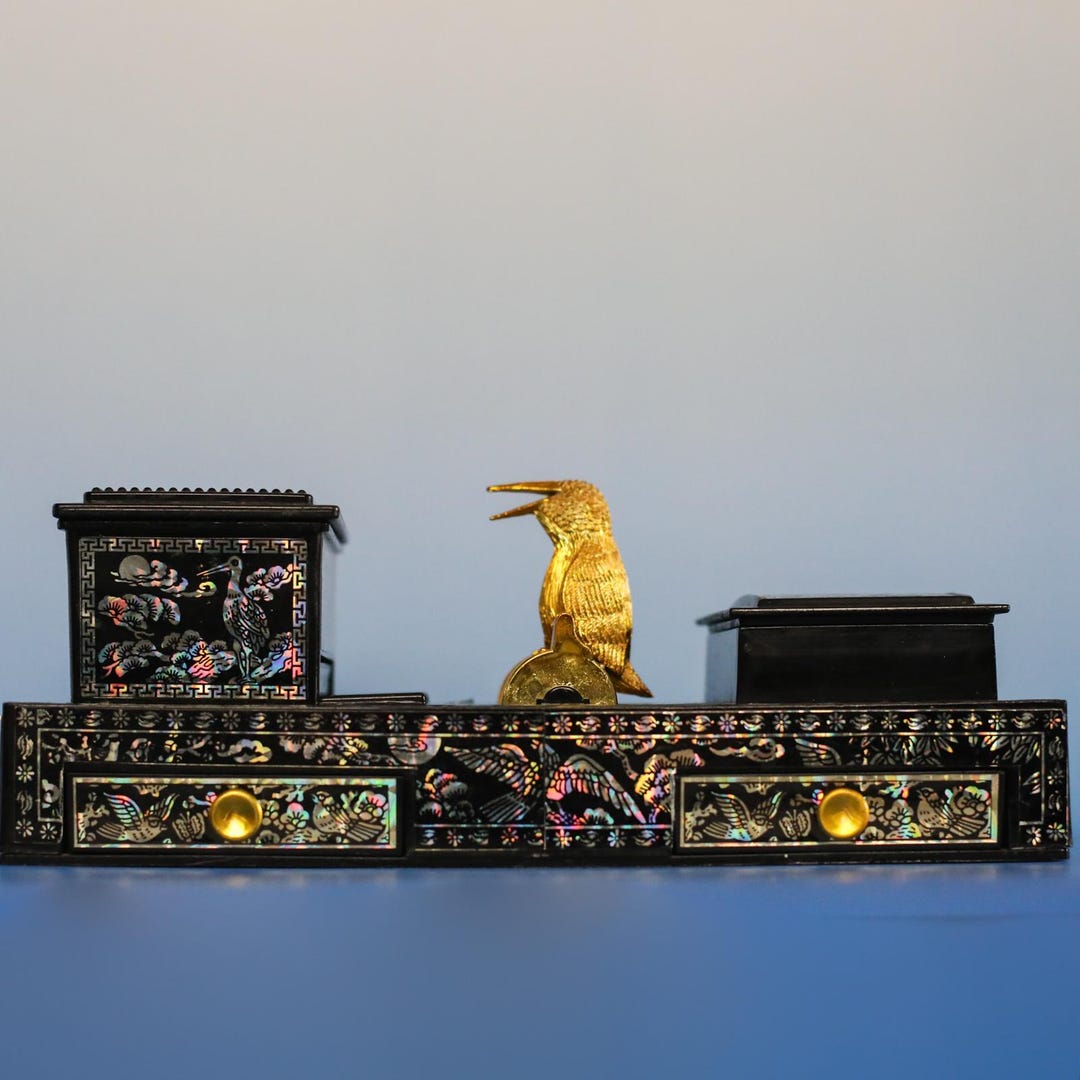 Vintage Black Cigarette Box With Bird Mechanism and Ashtray MCM Mid ...