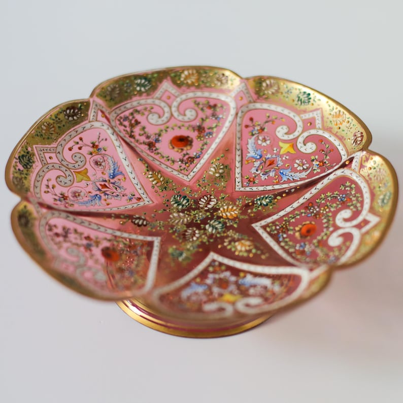 Antique Moser Clear Pink Glass Pedestal Dish, Hand-painted Gilded ...