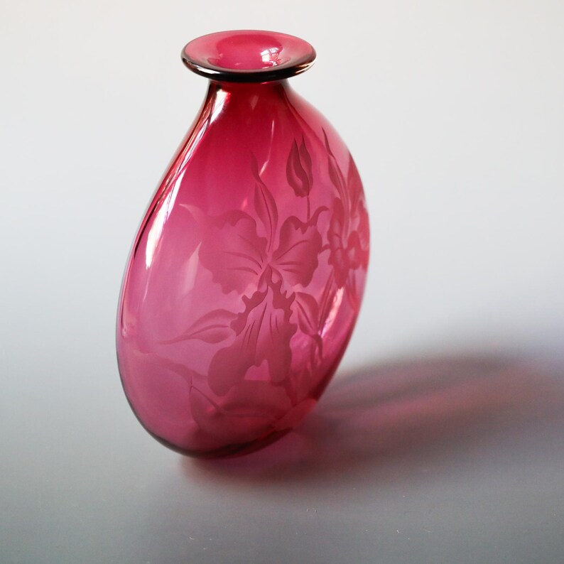 Correia Ruby Glass Vase - 1984 Limited Edition, Hand-etched Floral ...