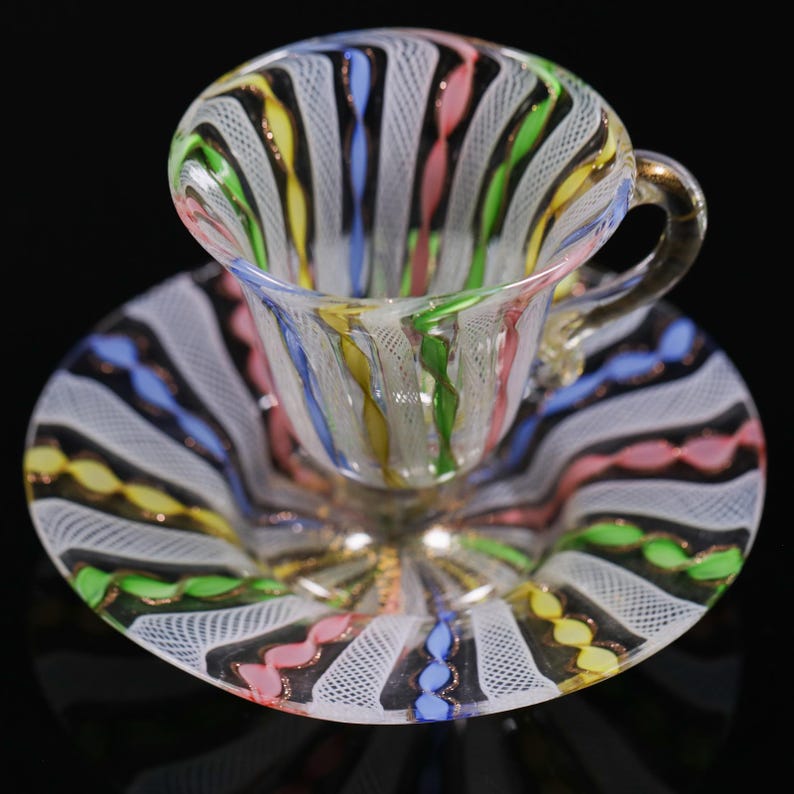 Murano Glass Latticino Ribbons Espresso Cup & Saucer Set – Handblown ...