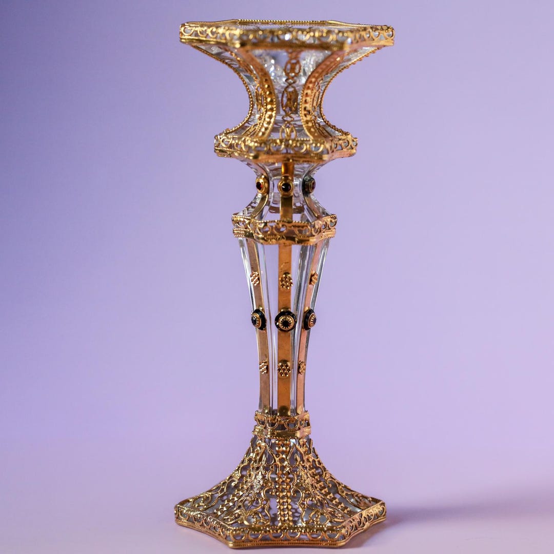 Antique Moser Glass Candlestick With Gilt Floral Overlay & Gemstone ...