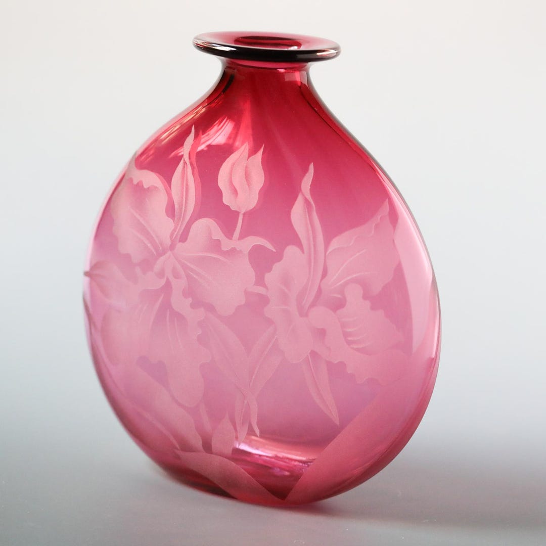 Correia Ruby Glass Vase - 1984 Limited Edition, Hand-etched Floral ...