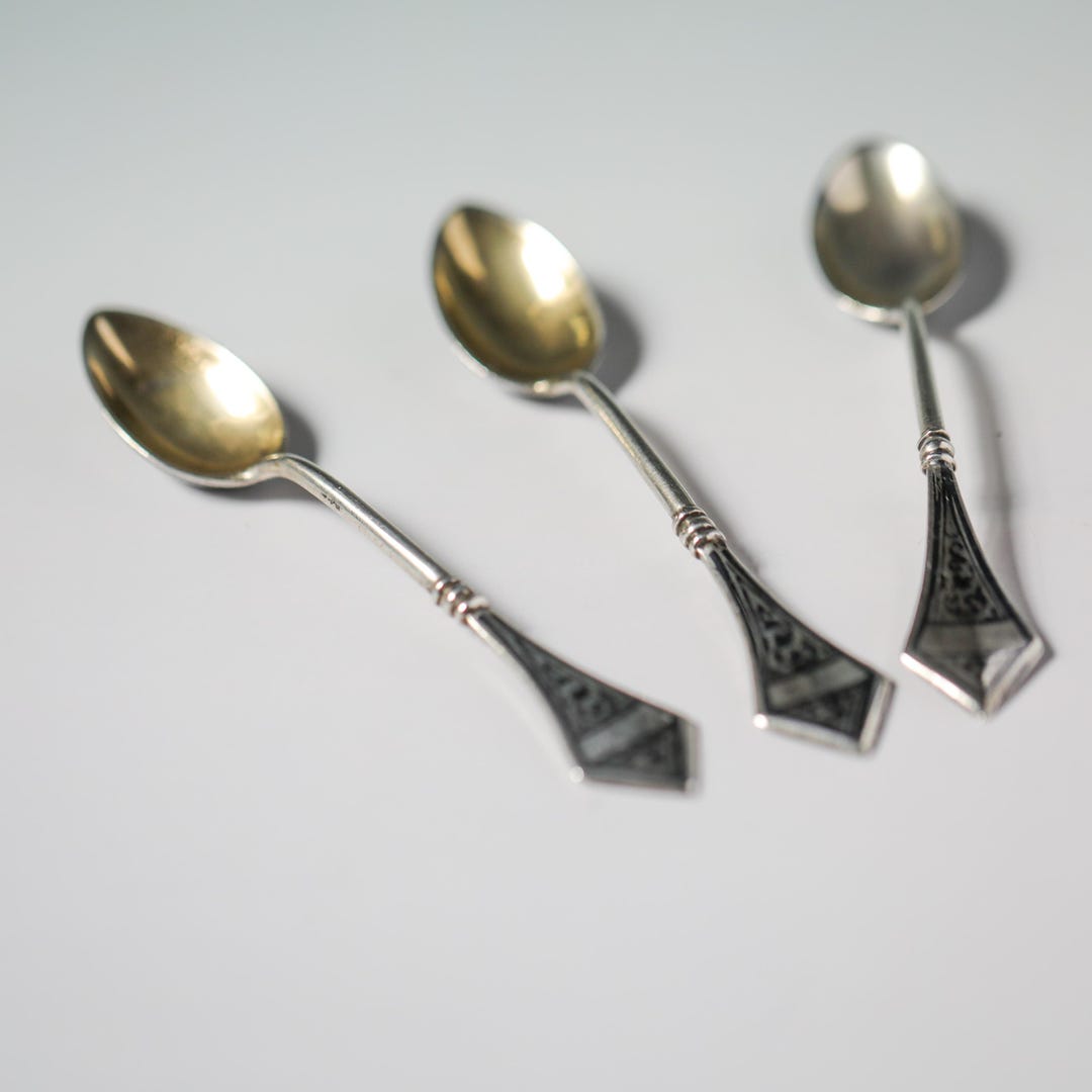 Russian Soviet 875 Silver Niello Spoon Set, Moscow Artel 1930s, Hand ...