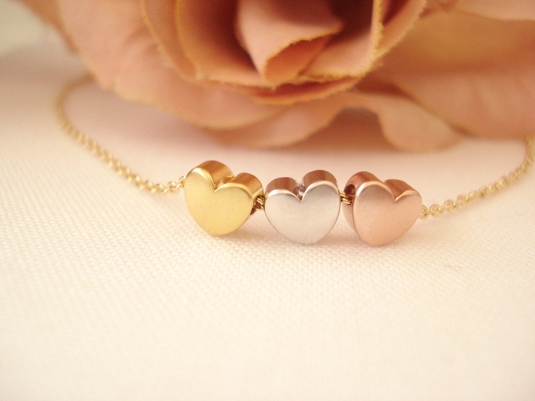 Tiny Three Hearts Necklace...minimalist 3 Tones Heart, Simple Everyday ...