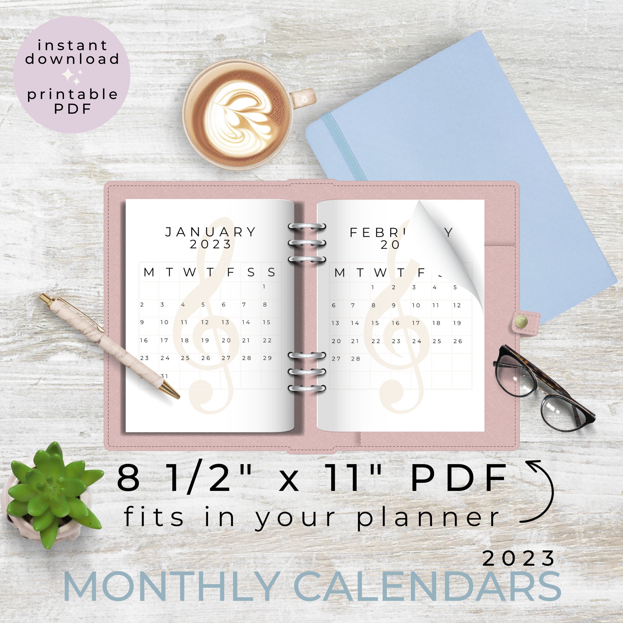 Printable Monthly Calendar 2023 Monday Start - Treble Clef Neutral ...