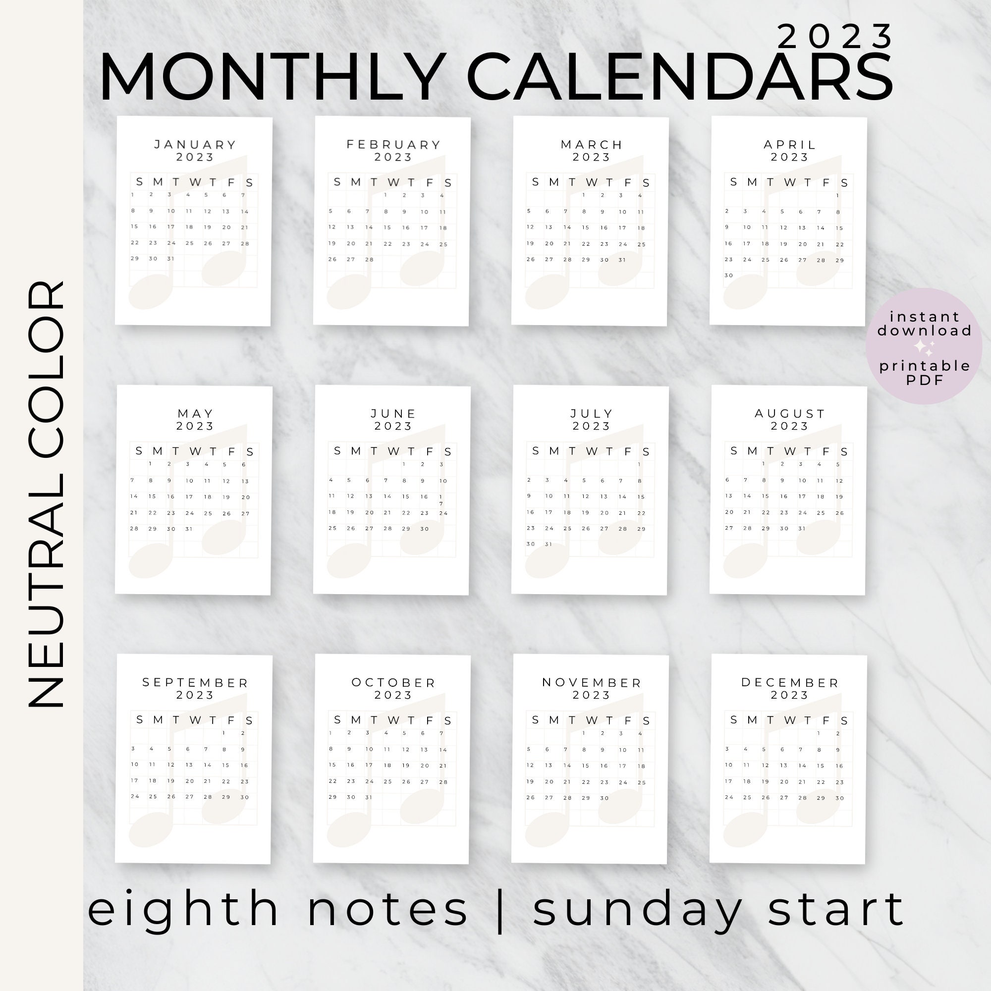 Printable Monthly Calendar 2023 Sunday Start - Eighth Notes Neutral ...