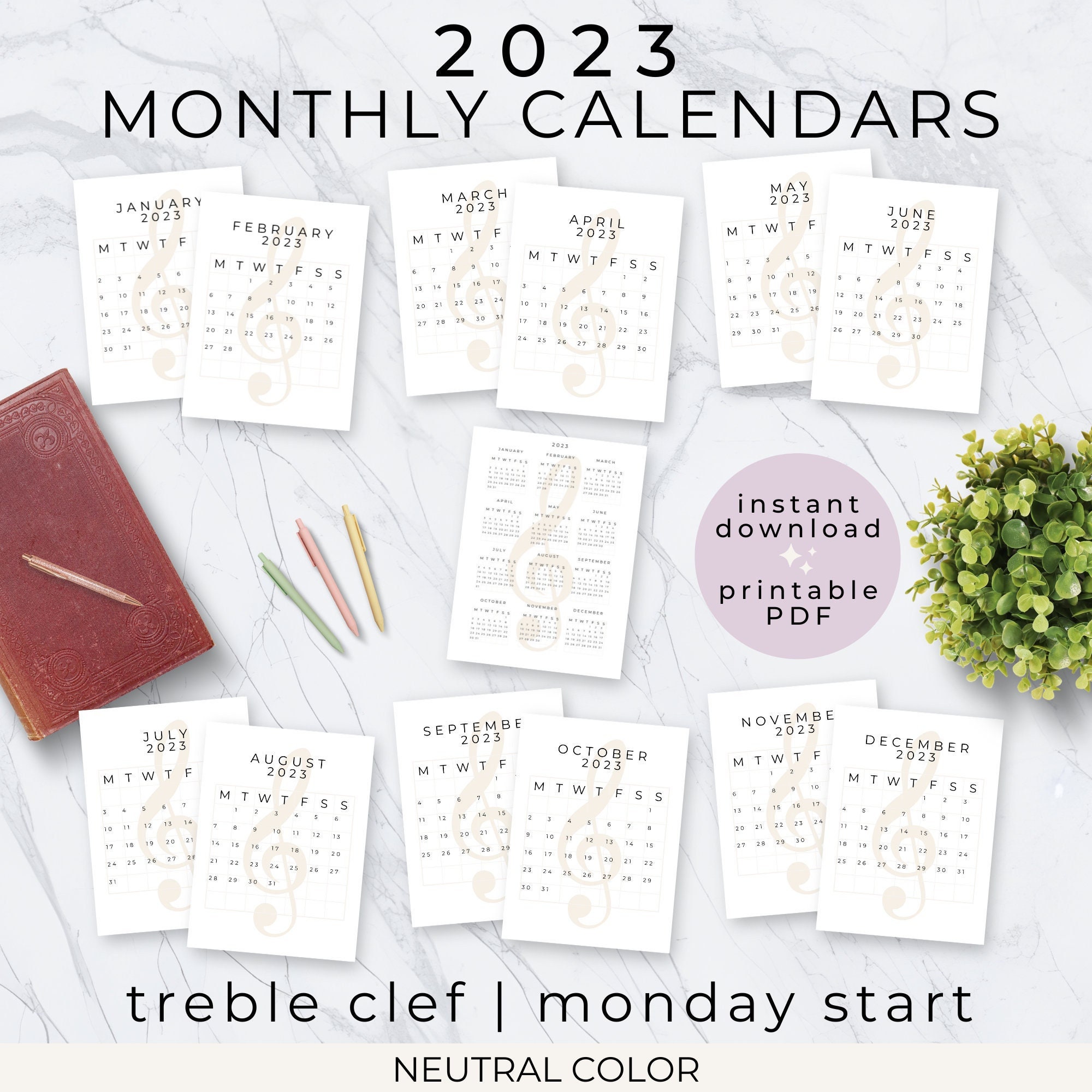 Printable Monthly Calendar 2023 Monday Start - Treble Clef Neutral ...
