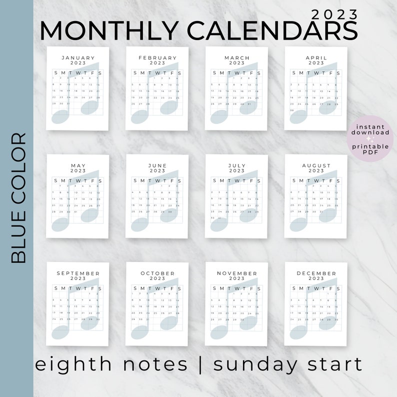 Printable Monthly Calendar 2023 Sunday Start - Eighth Notes Blue ...